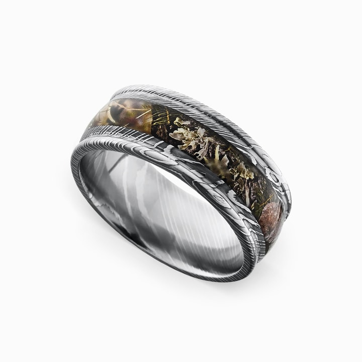 Predator - Damascus Steel Mens Ring with Kings Mountain Inlay (9mm)