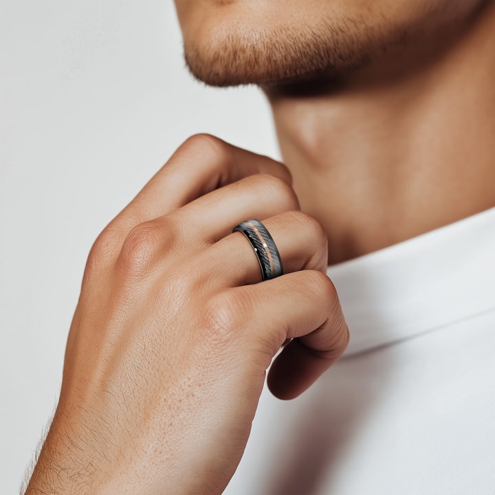 Damascus Steel And Rose Gold Wedding Band In Zirconium
