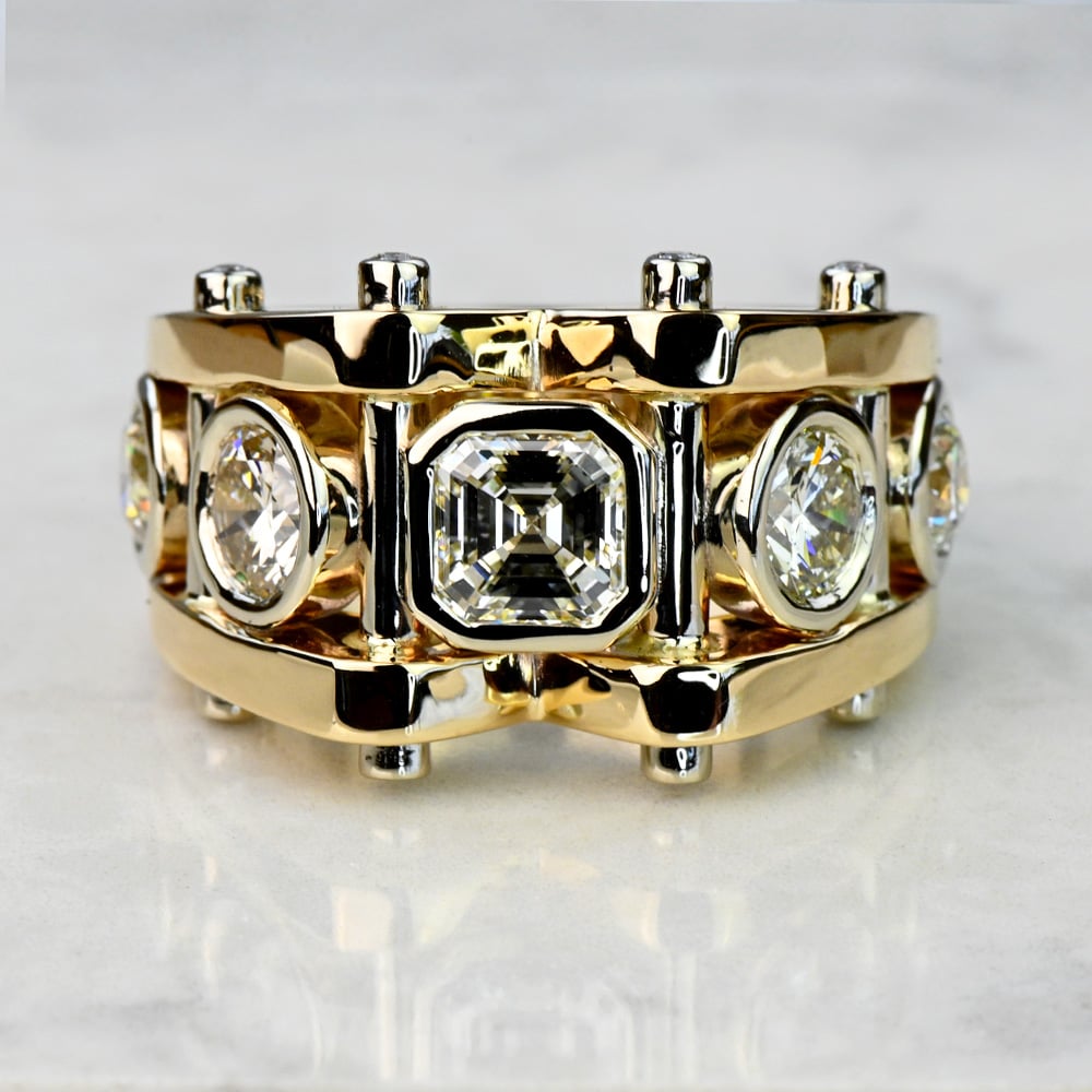 Custom Two-Tone Bezel & Bar Mens Diamond Ring