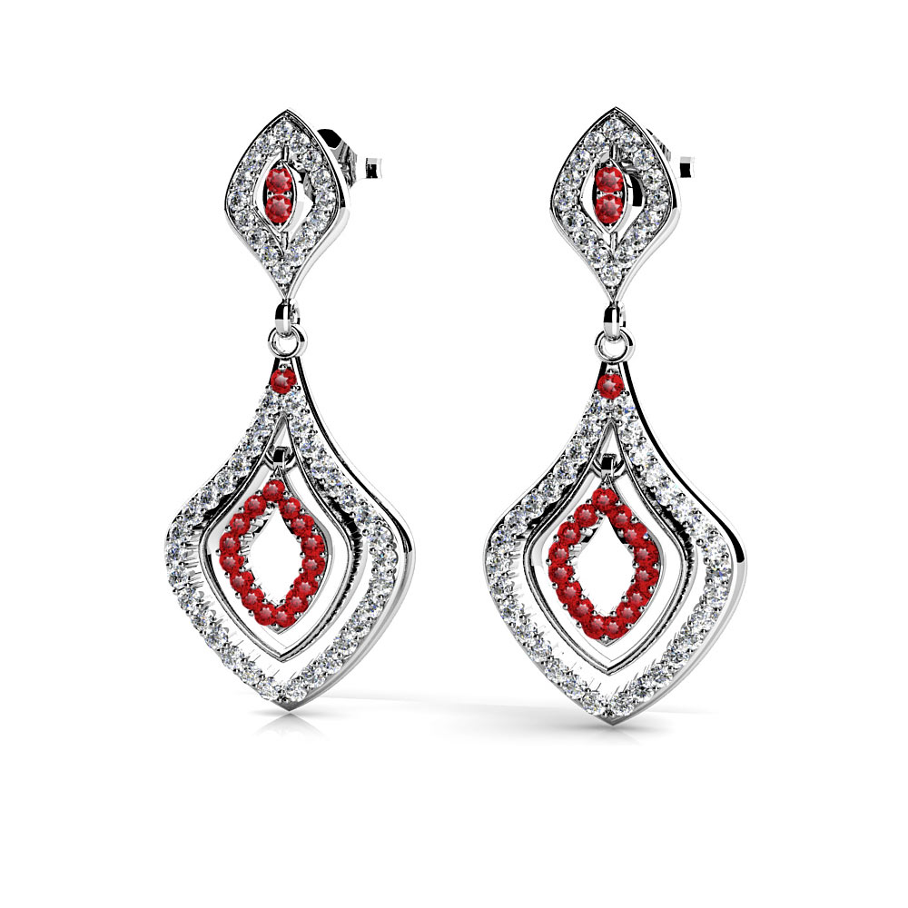 Vintage Diamond And Red Ruby Dangle Earrings In White Gold