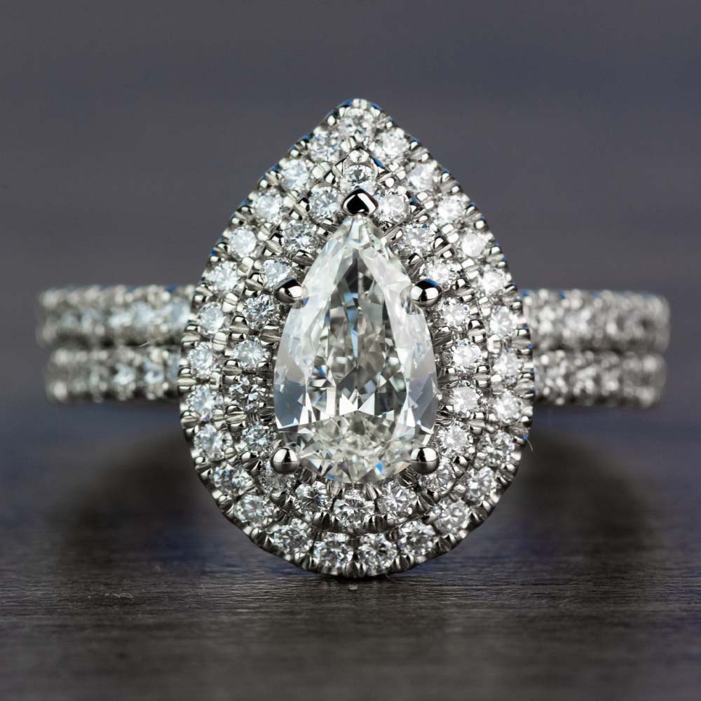 1 Carat Pear Double Halo Diamond Bridal Set