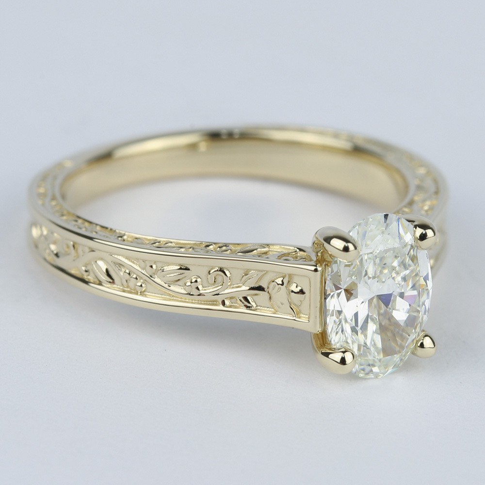 Hand Engraved Engagement Ring With Oval Diamond