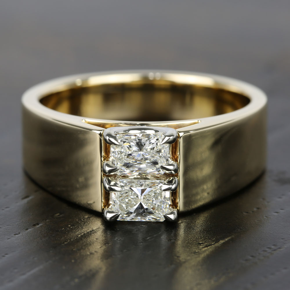 Mens 14K Gold Ring With Twin Radiant Diamonds