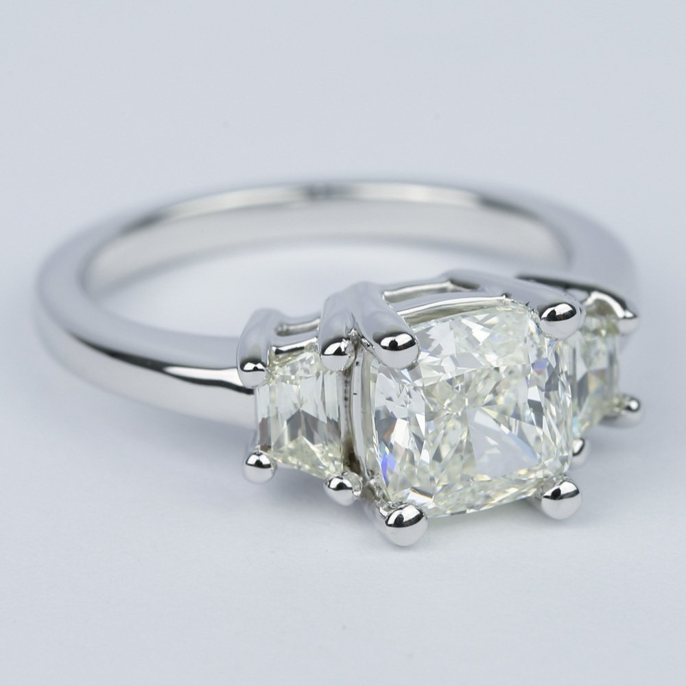 Three-Stone Trapezoid Engagement Ring with Cushion Diamond