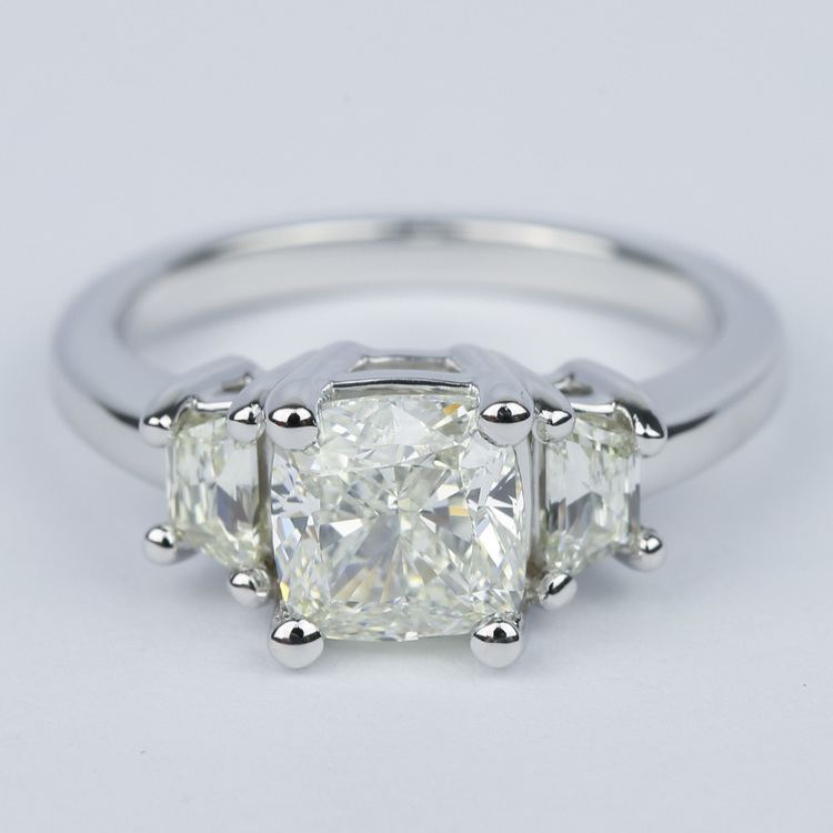 Three-Stone Trapezoid Engagement Ring with Cushion Diamond