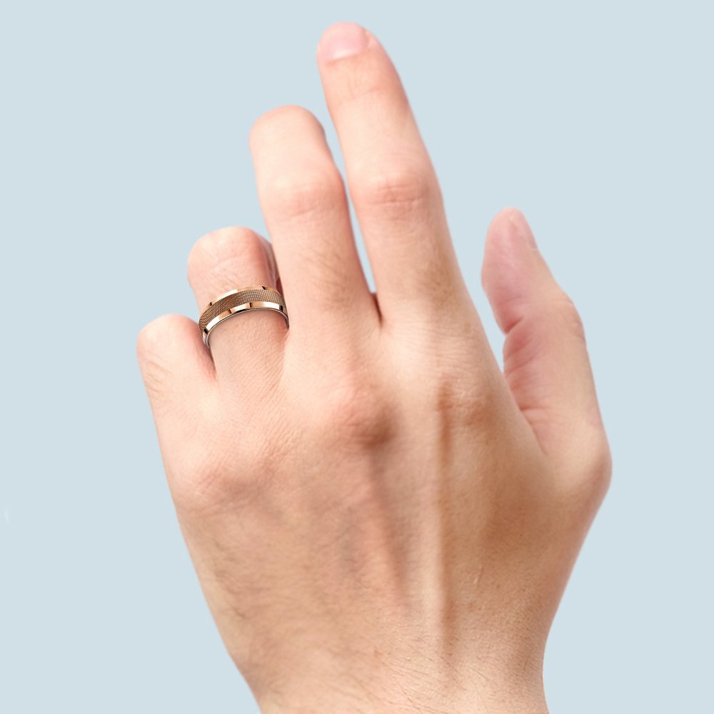 Cross Hatch Design Mens Wedding Band In Rose Gold