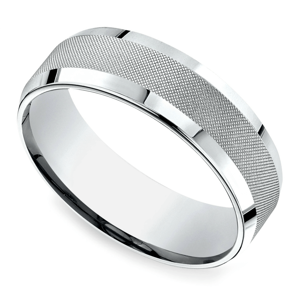 Cross Hatch Design Mens Wedding Band In White Gold