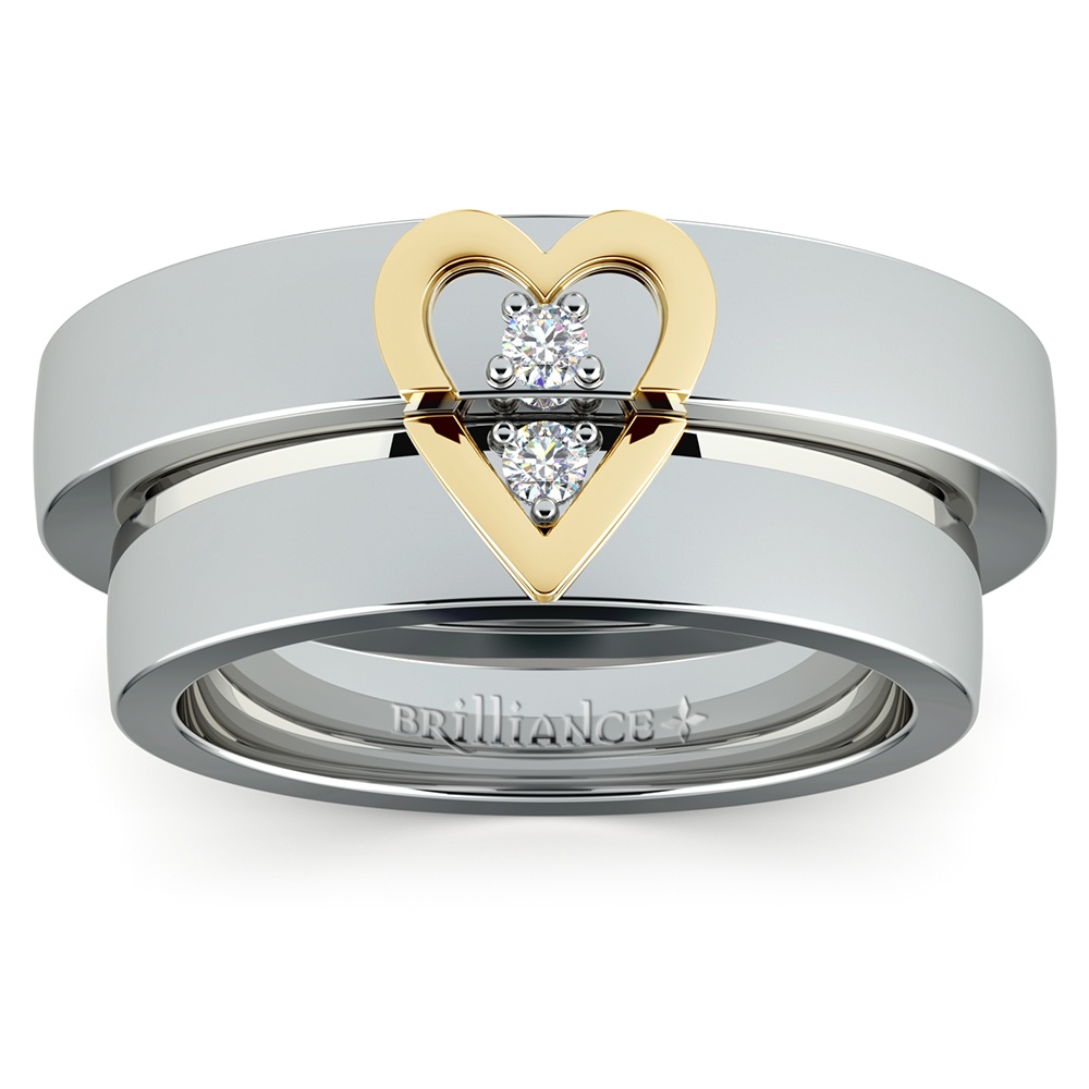 Matching Split Heart Diamond Wedding Ring Set in White and Yellow Gold