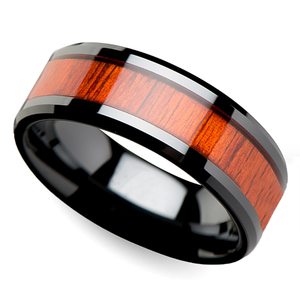 Mahogany Hard Wood Inlay Men's Beveled Ring in Black Ceramic (8mm)