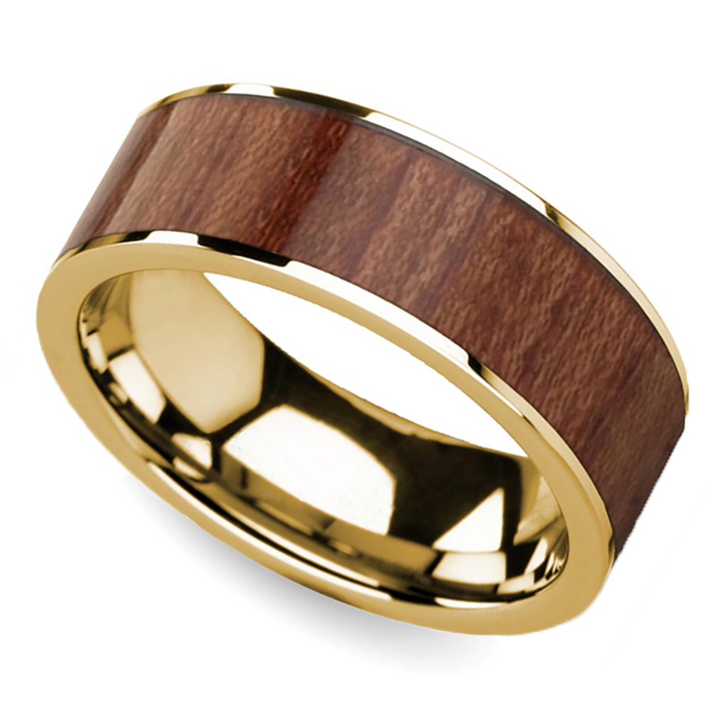 Rosewood Inlay Men’s Flat Wedding Ring in 14K Yellow Gold (8mm)
